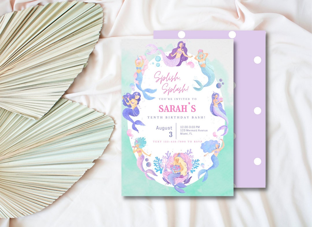 Splish Splash Purple and Blue Mermaid Girl's Birthday Invitation ...