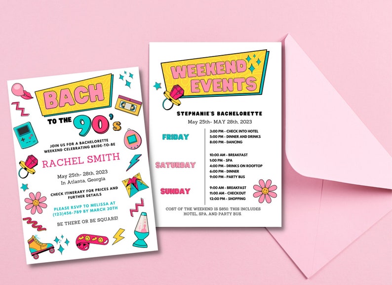Bach to the 90's Bachelorette Party Invitation and Itinerary (digital ...