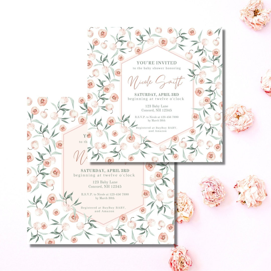 Pastel Peach Frame Whimsical Watercolor Peaches Baby Shower Square ...