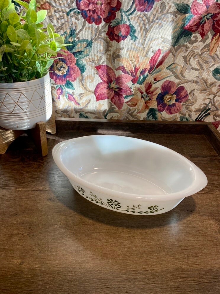 Vintage Glasbake ‘primrose Dream’ MCM Milk Glass Oval Casserole Dish - Etsy