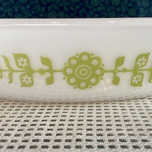 Vintage Glasbake Green Flower Medallion Oval Milk Glass Casserole Dish ...