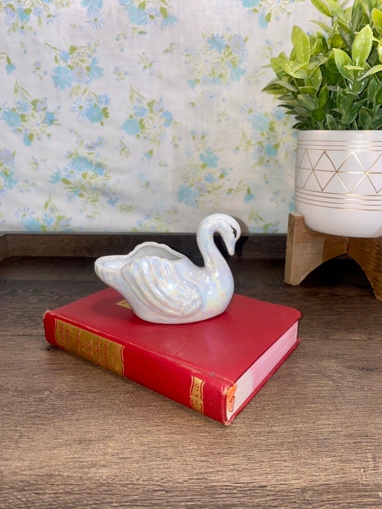 Vintage Iridescent Ceramic Swan Figurine / Mini Planter / Toothpick ...