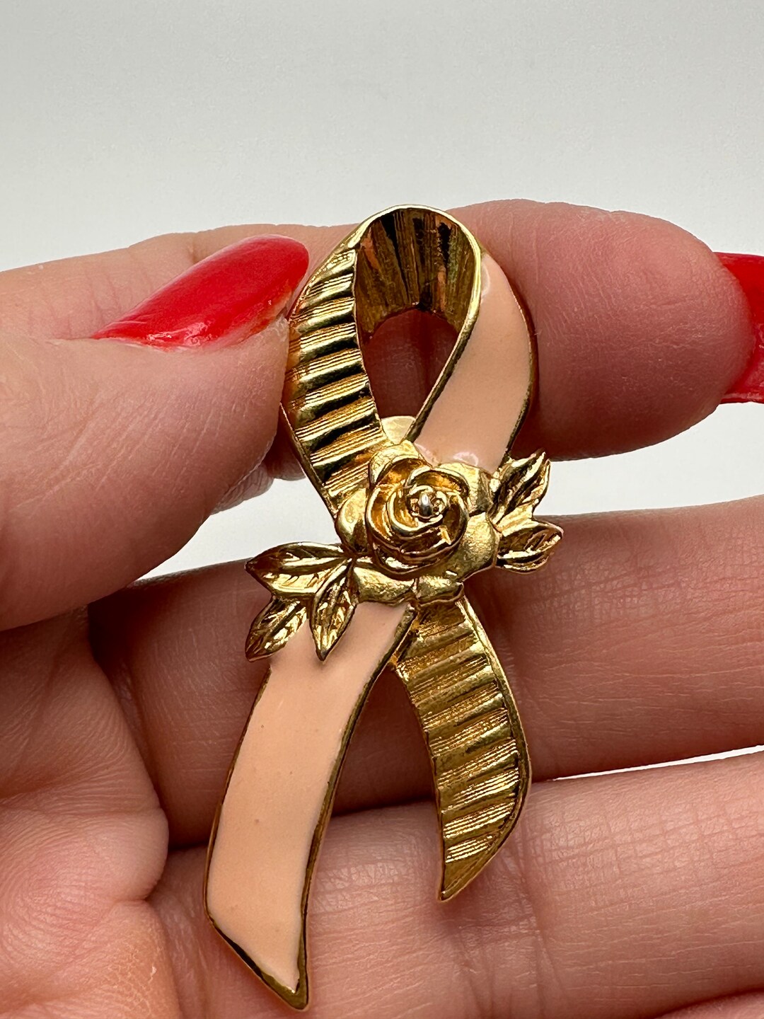 Avon Breast Cancer Pink Ribbon Gold Tone Vintage Tack Pin, Large ...
