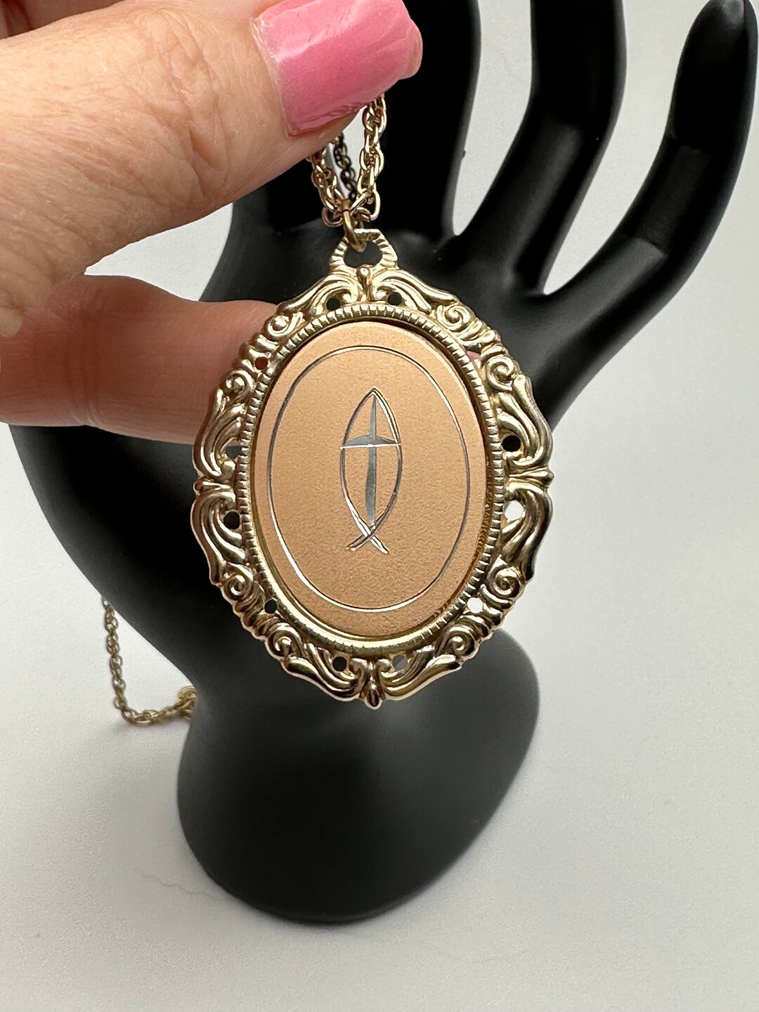 Vintage Christian Medallion Necklace: Gold Tone Fish Symbol, Mirrored ...