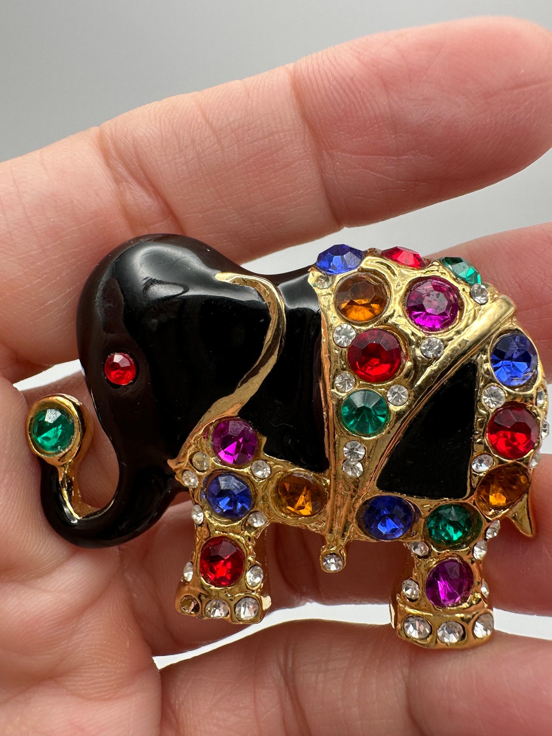 Vintage Enameled Elephant Brooch: Gold Tone With Rhinestone Jewels - Etsy