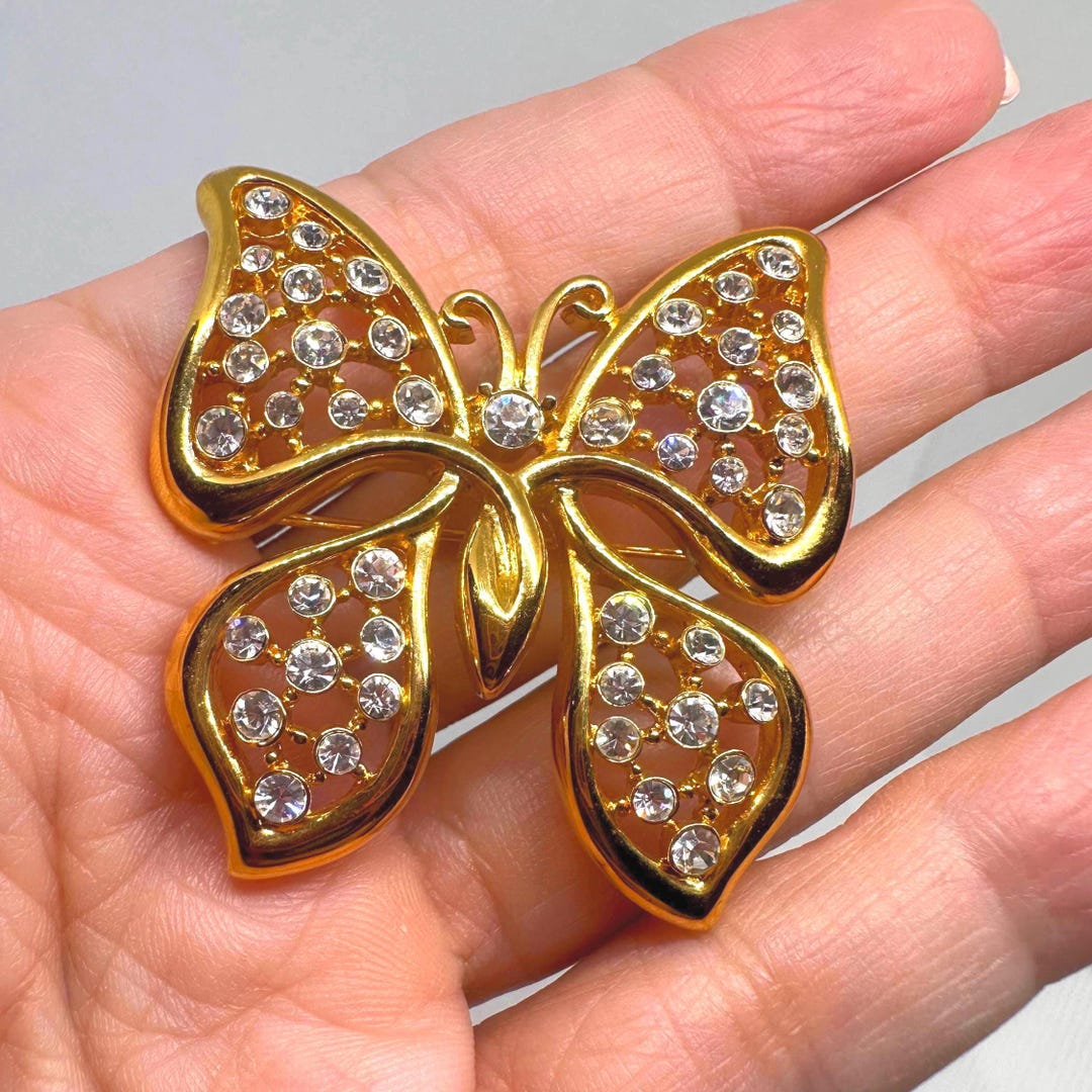 Vintage Monet Butterfly Brooch: Rhinestones, Gold Tone - Etsy