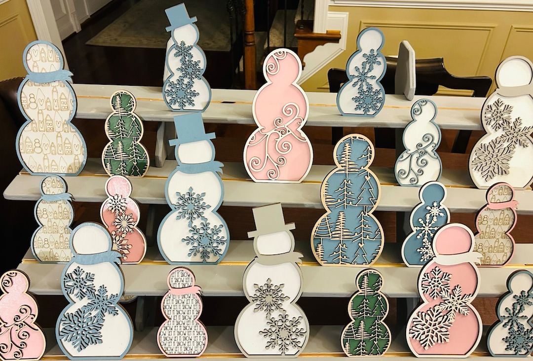Mantle Standing Wood Snowmen, Snowflakes, Snowman Family, Tiered Tray ...