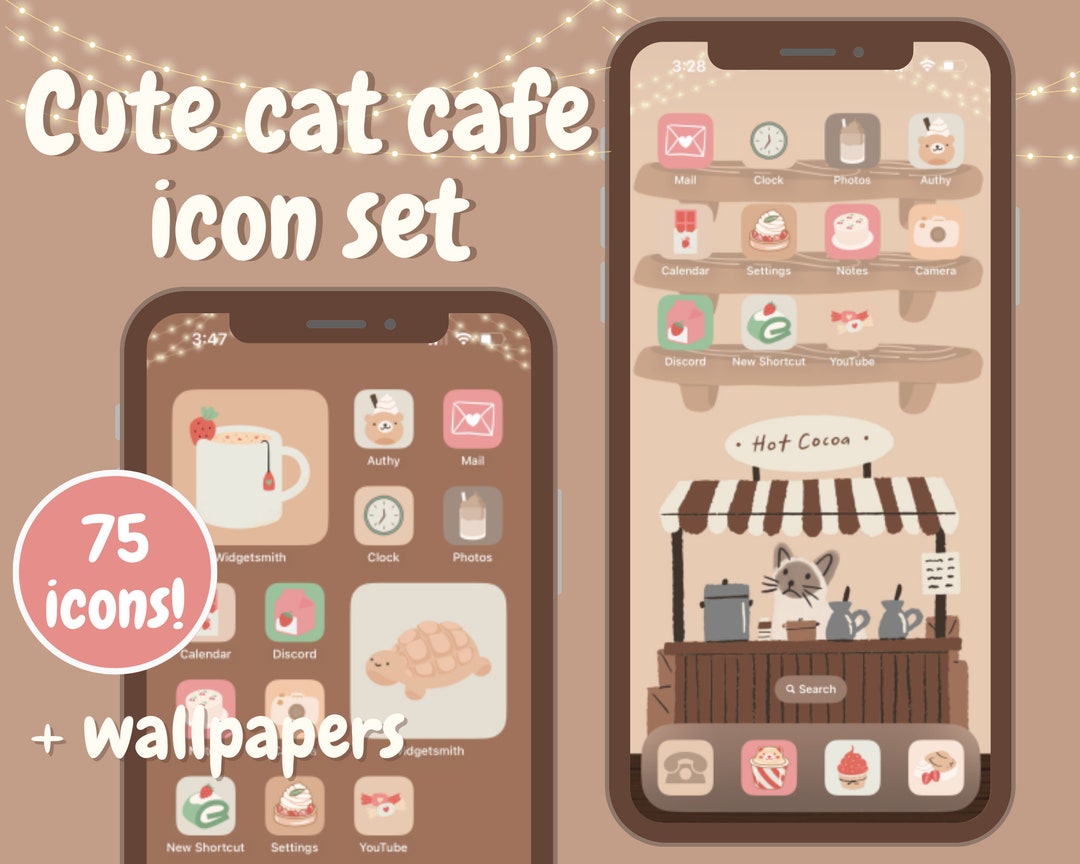 Cat Café Ios App Icons Pack | Cute Homescreen Icons Set | Widget ...