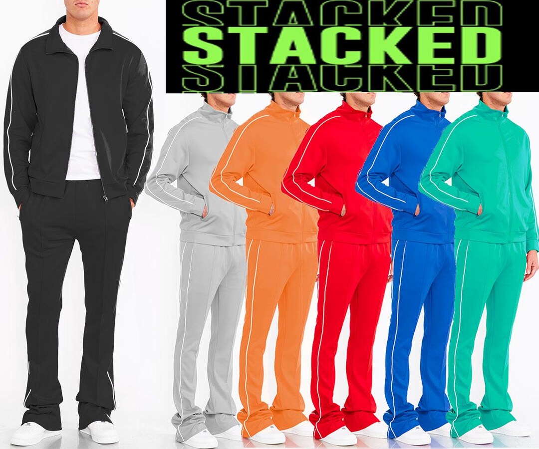 Mens Front Pleat Flare Stacked Solid Body Full Zip Track Jacket and ...