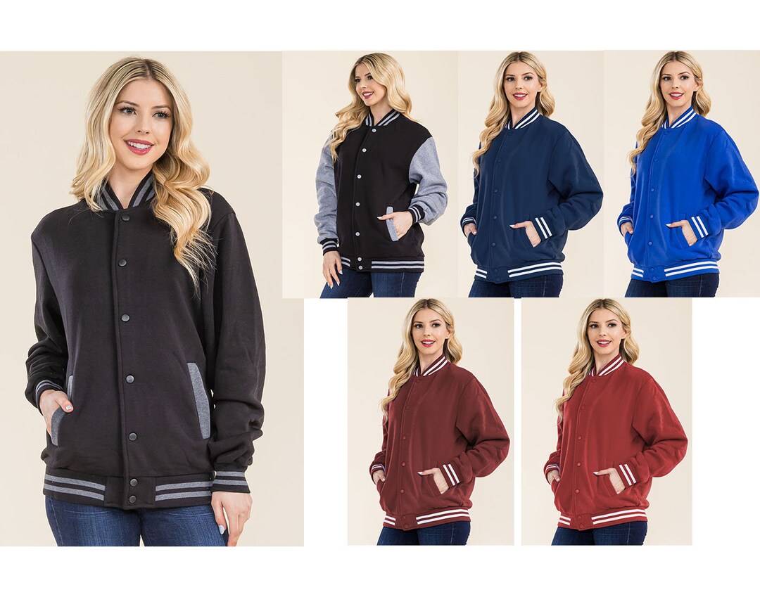 Unisex Fleece Varsity Jacket Snap Button Jacket Striped Rib Team ...
