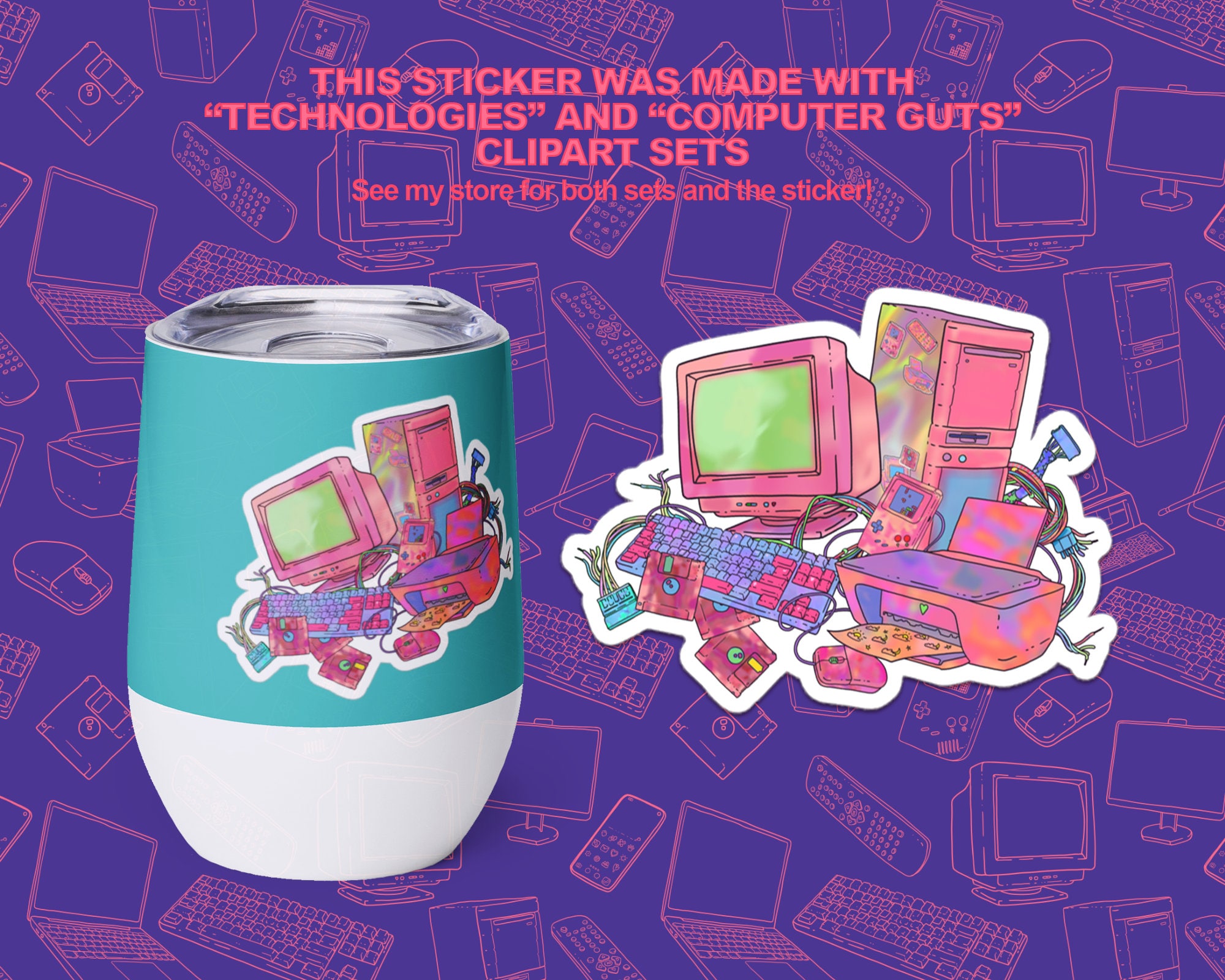 Electronics, Cyberpunk, Retro Computer Tech Clip Art and Seamless ...