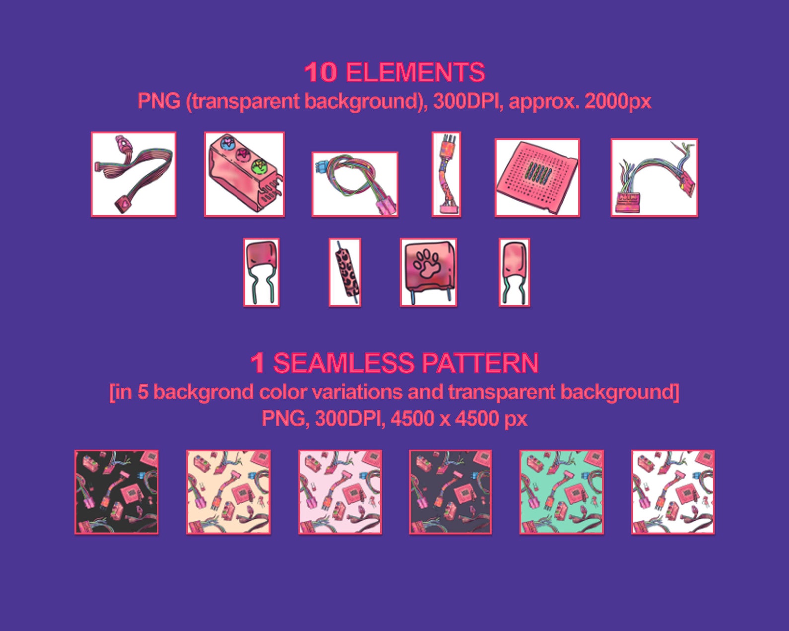 Electronics, Cyberpunk, Retro Computer Tech Clip Art and Seamless ...