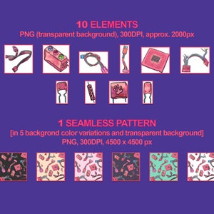 Electronics, Cyberpunk, Retro Computer Tech Clip Art and Seamless ...