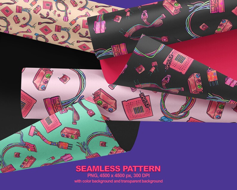 Electronics, Cyberpunk, Retro Computer Tech Clip Art and Seamless ...