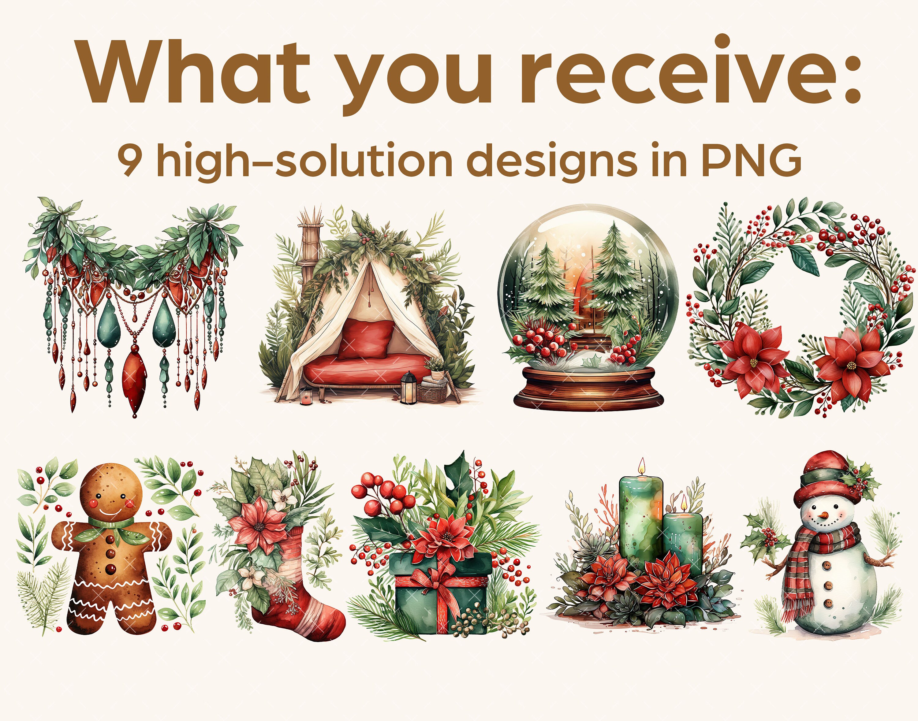 Boho Christmas Watercolor Clip Art Bundle 9 Hand-drawn Pngs Holiday ...