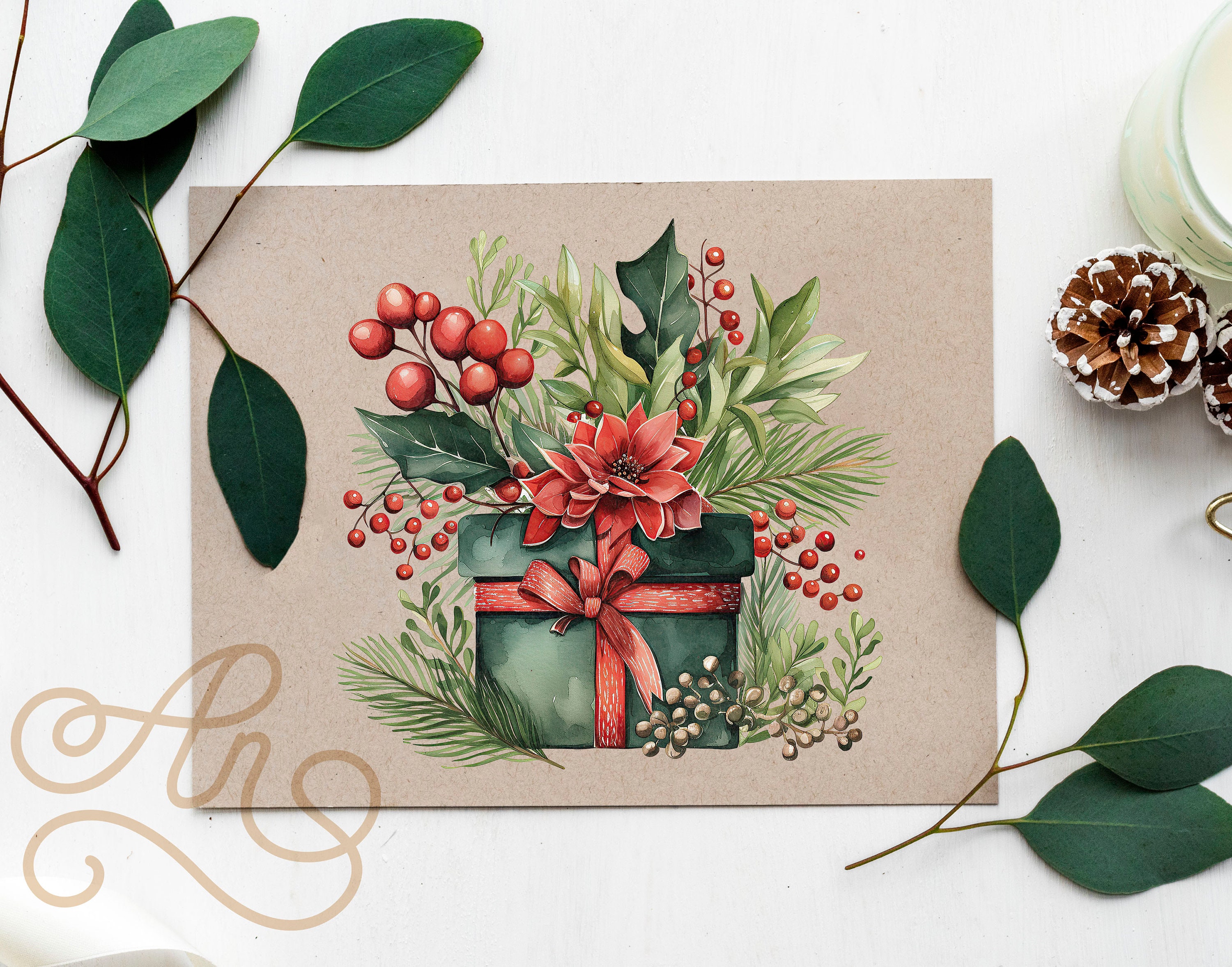 Boho Christmas Watercolor Clip Art Bundle 9 Hand-drawn Pngs Holiday ...