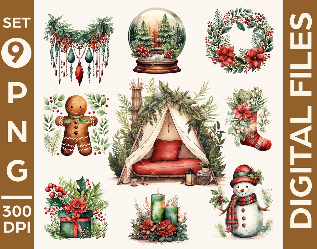 Boho Christmas Watercolor Clip Art Bundle 9 Hand-drawn Pngs Holiday ...