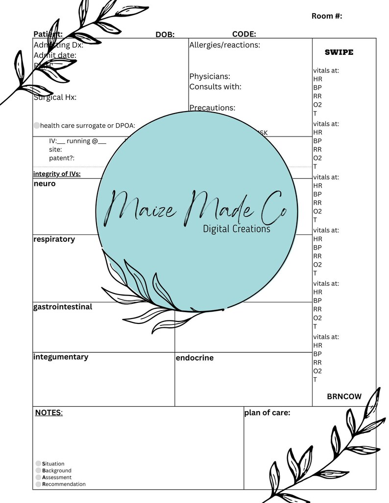 Nursing Student Clinical Single Patient Nurse Assessment Sheet Digital ...