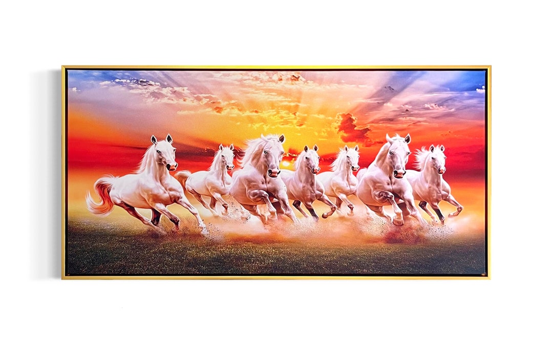 Seven Running Horse Picture, Lucky White Horse Canvas Painting, 7 Horse ...