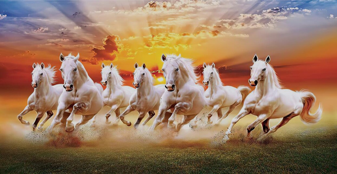 Seven Running Horse Picture, Lucky Horse Vaastu Canvas Picture, 7 Horse ...