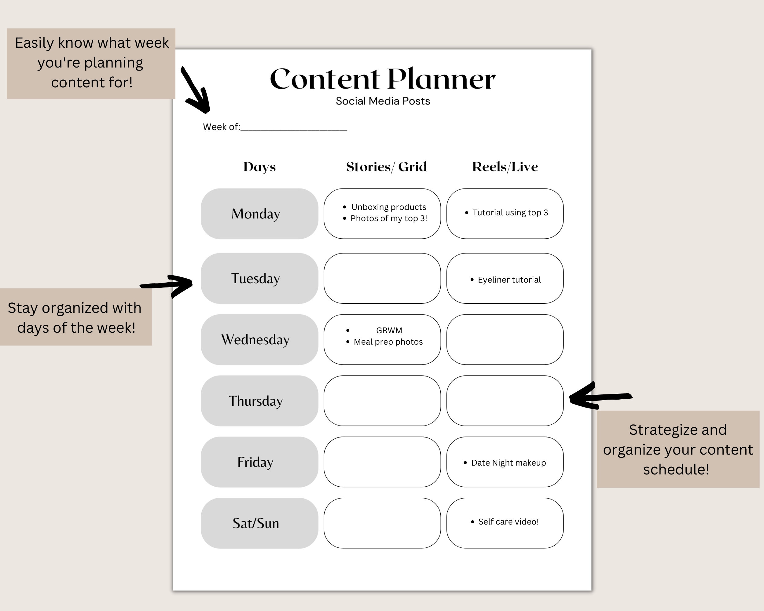 Content Planner, Weekly Planner, Printable Content Planner ...