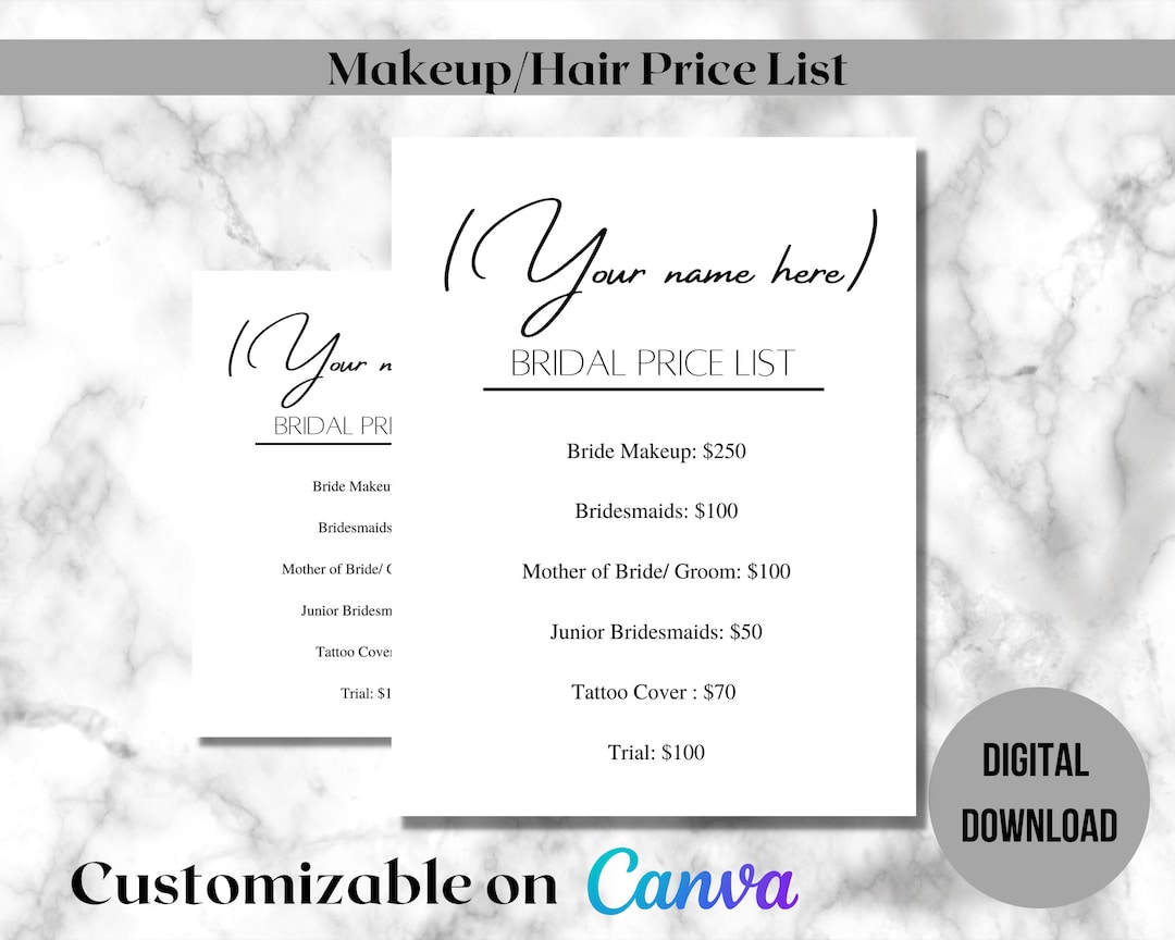 Bridal Price List, Printable Price List, Downloadable Bridal Price List ...