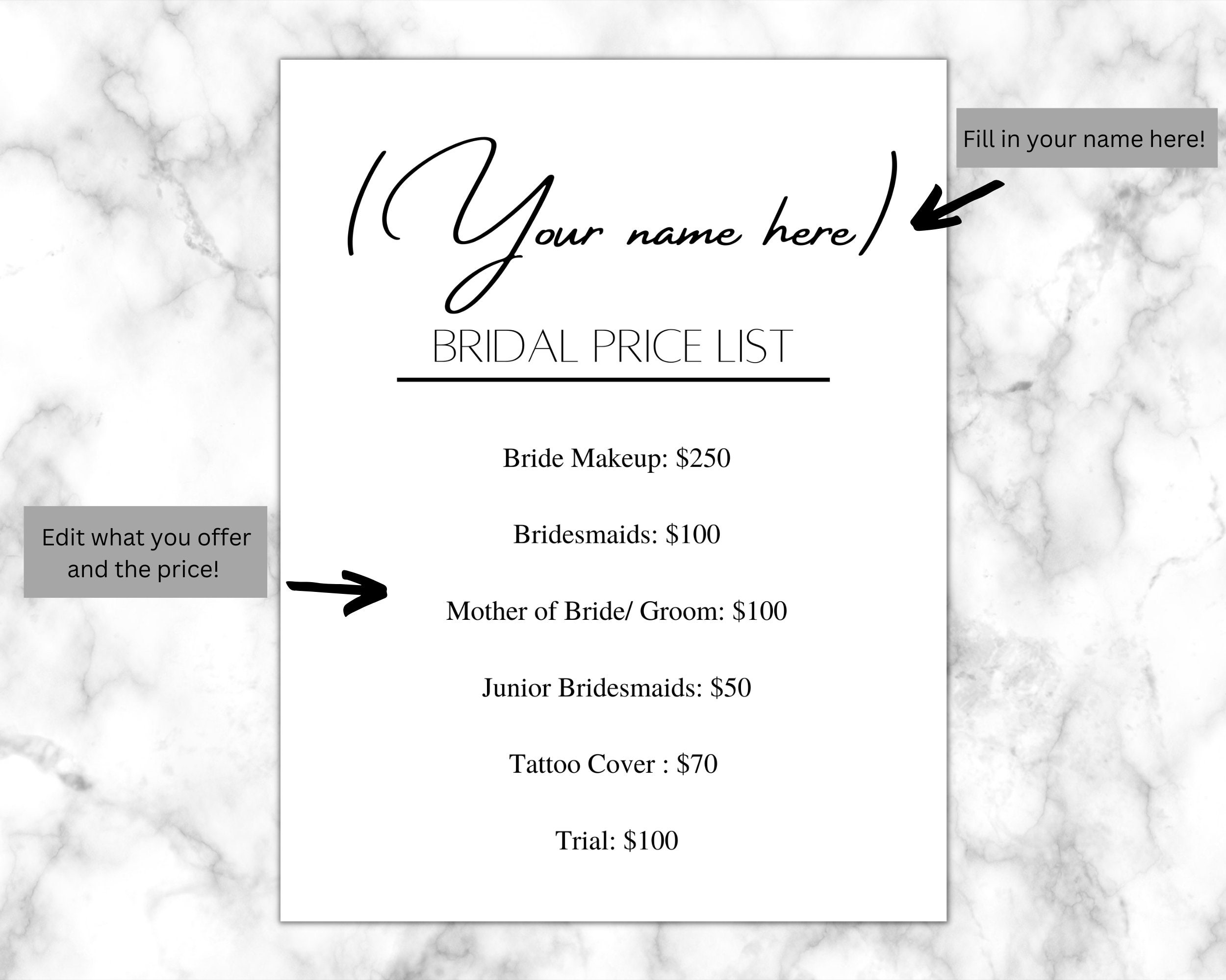 Bridal Price List, Printable Price List, Downloadable Bridal Price List ...