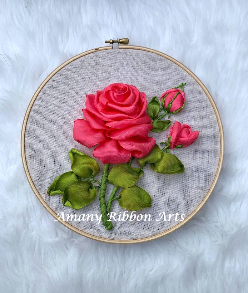 Embroidered Rose: 3D Ribbon Work Hoop Art, Handmade Wall Decor - Etsy
