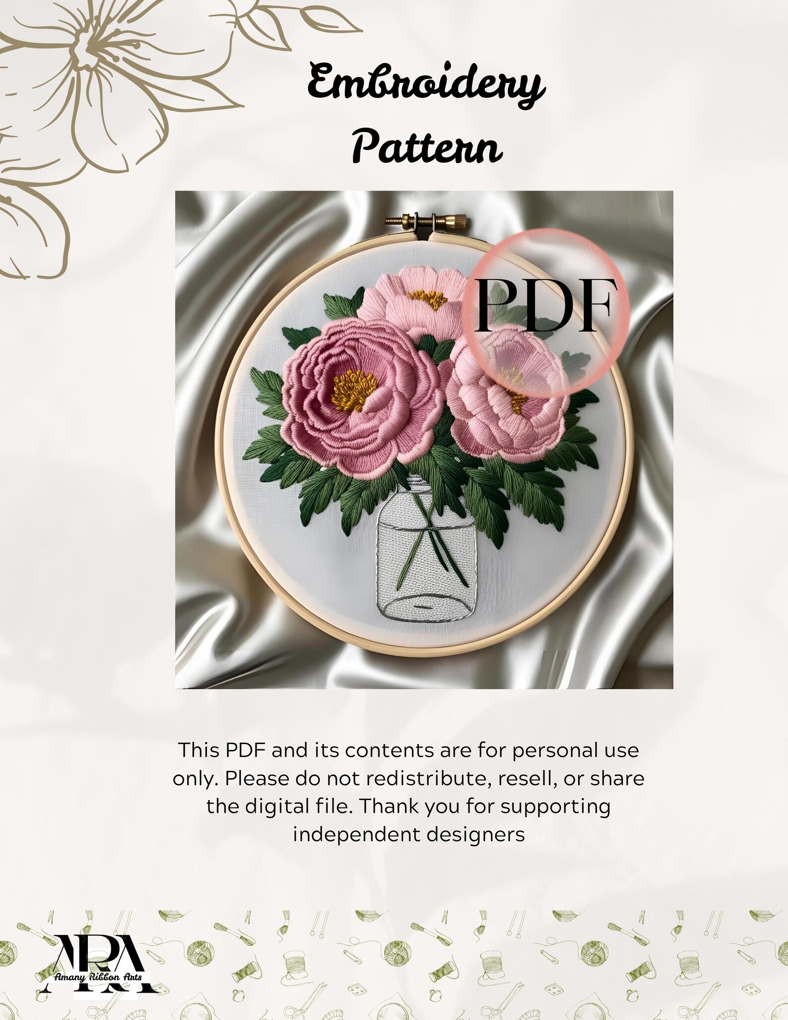 Peony Embroidery Pattern PDF: Wildflower Bouquet, Beginner's Guide ...