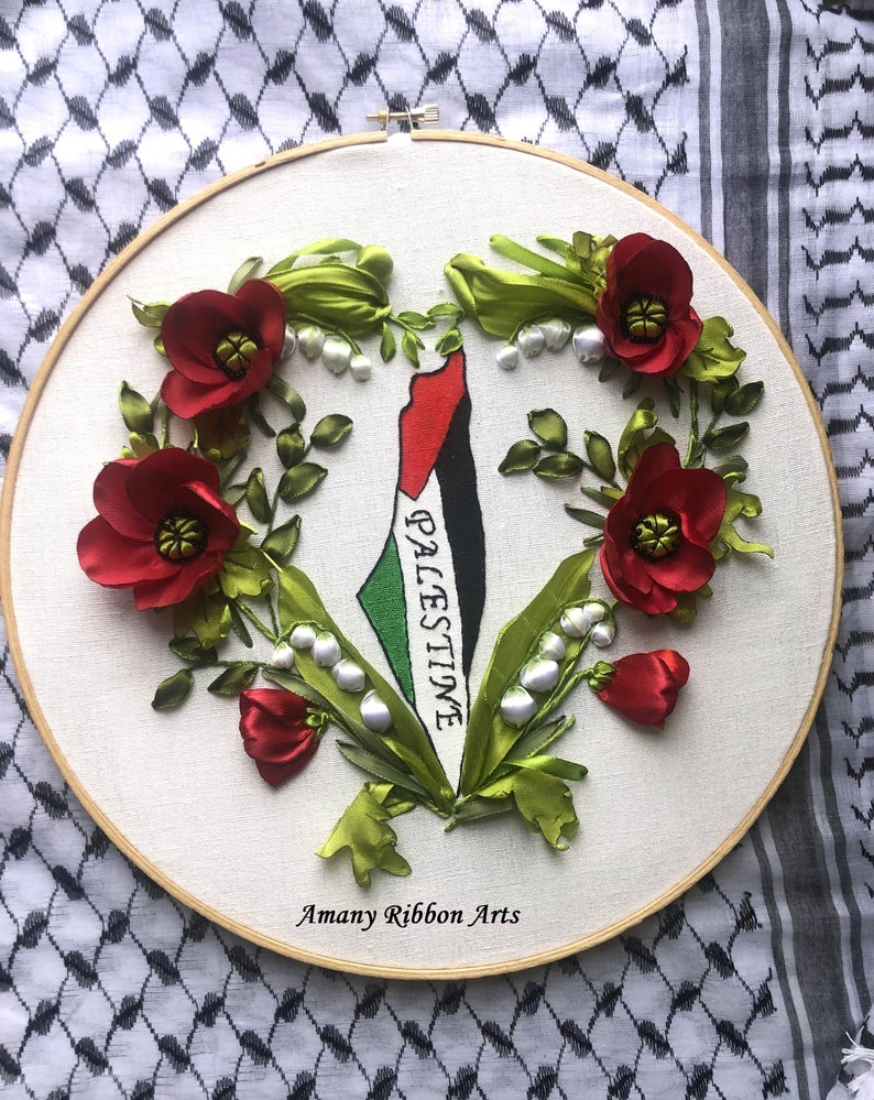 Palestine Map Floral Embroidery Hoop Art: 12" Handmade Ribbon Flowers ...