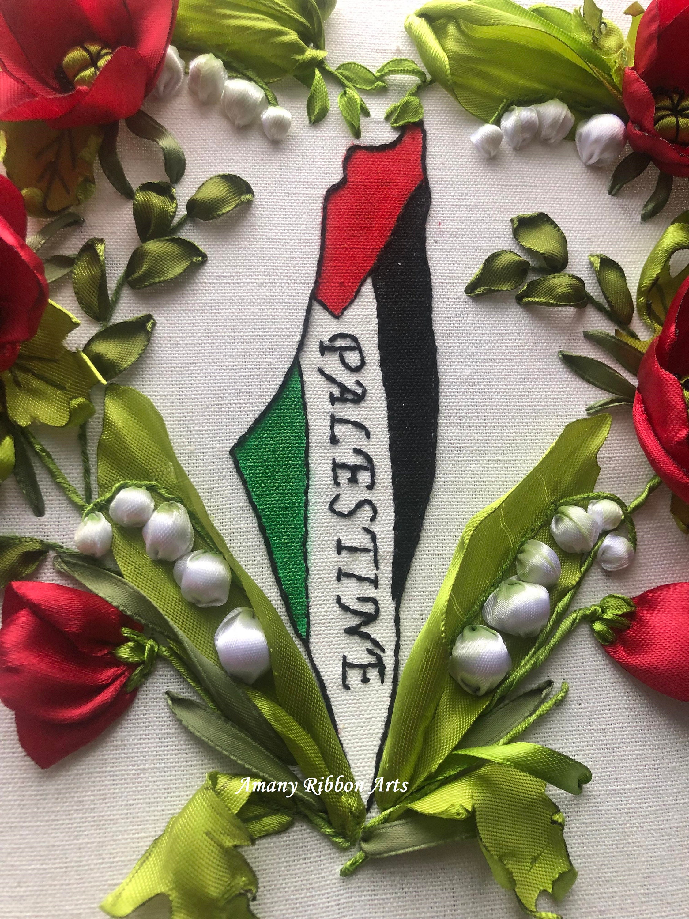 Palestine Map Floral Embroidery Hoop Art: 12" Handmade Ribbon Flowers ...
