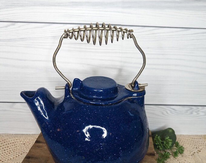 Vintage Blue Cast Iron Graniteware Look Kettle With Spiral Metal Handle ...