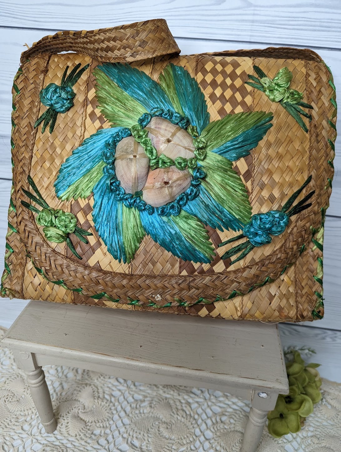 Vintage Woven Straw One Strap Purse With Seashells and Flower Design - Etsy