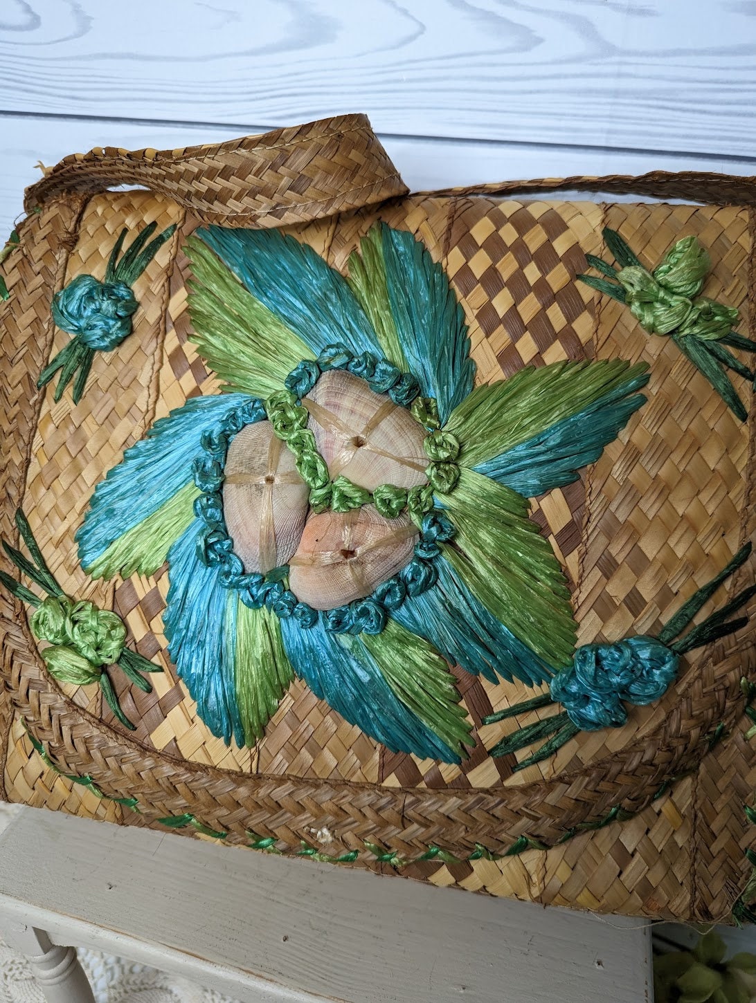 Vintage Woven Straw One Strap Purse With Seashells and Flower Design - Etsy