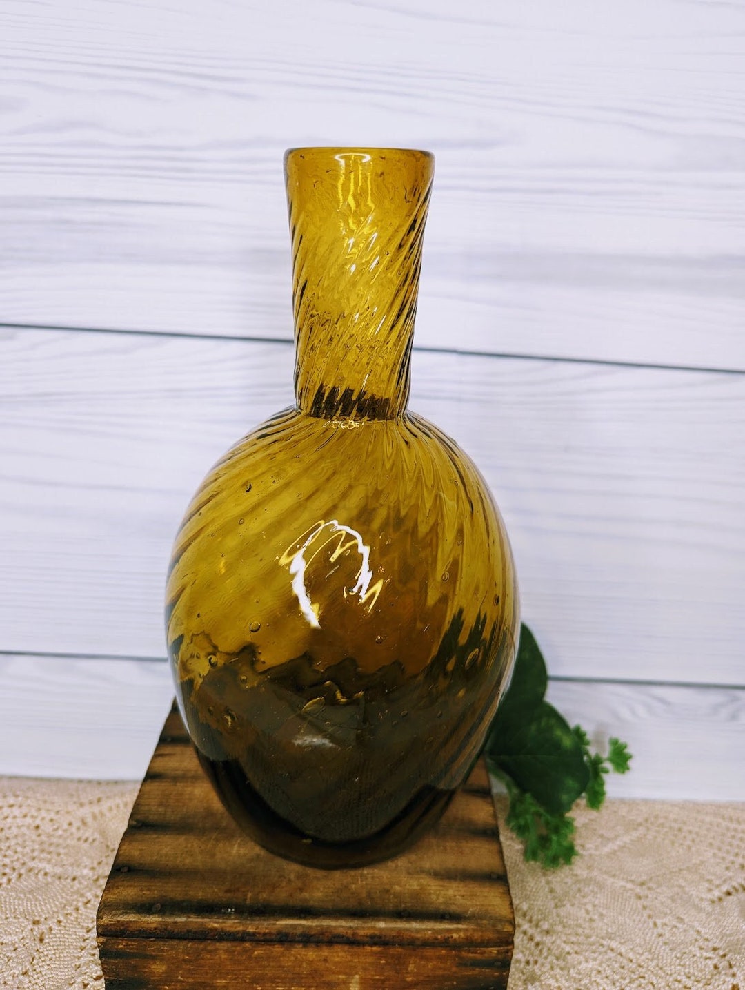 Vintage Amber Glass Swirl Vase Bulb Style Blown Glass - Etsy