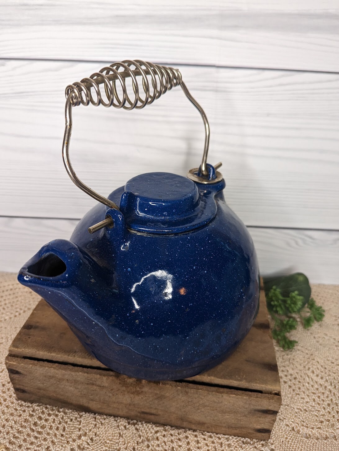 Vintage Blue Cast Iron Graniteware Look Kettle With Spiral Metal Handle ...