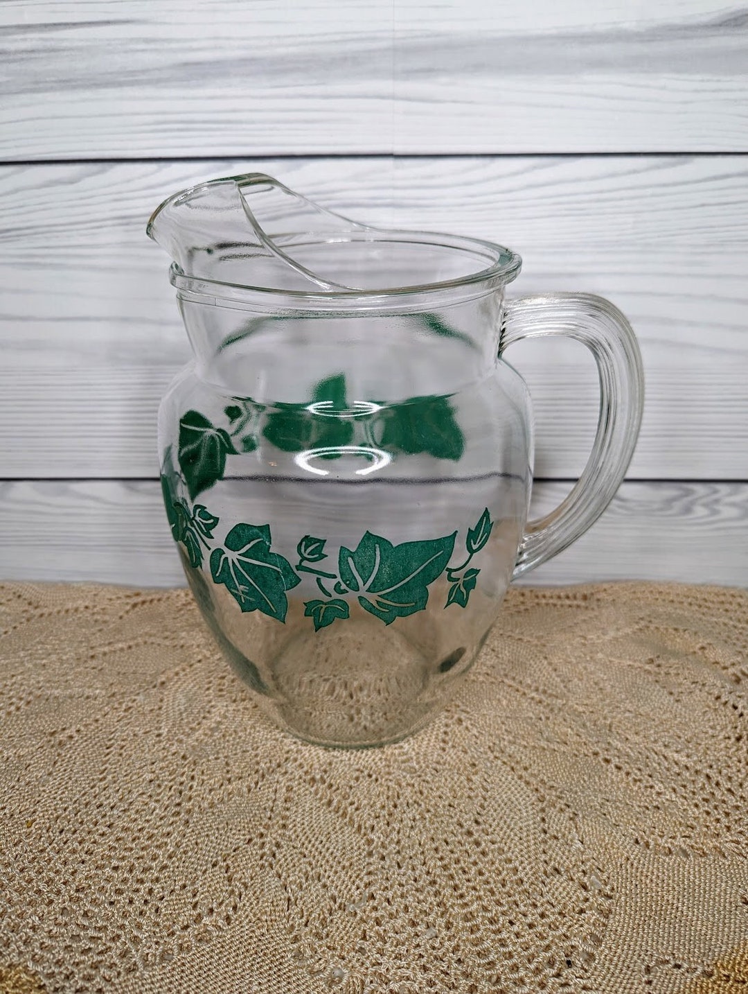 Vintage Clear Glass Pitcher With Green Ivy Detail - Etsy
