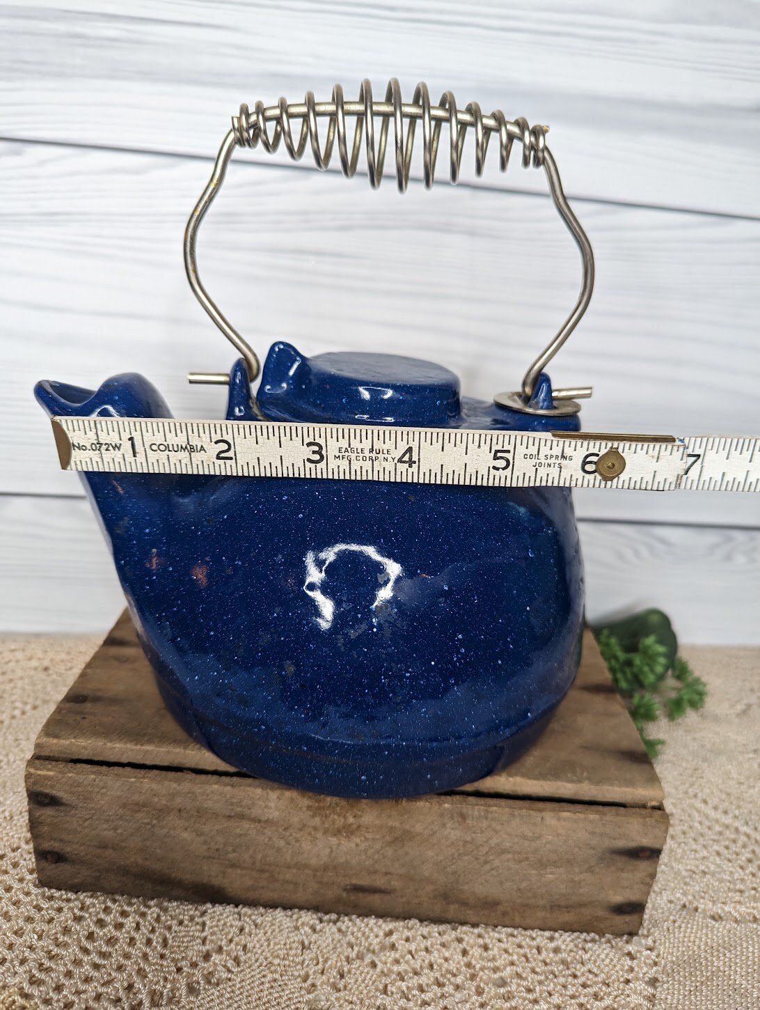 Vintage Blue Cast Iron Graniteware Look Kettle With Spiral Metal Handle ...