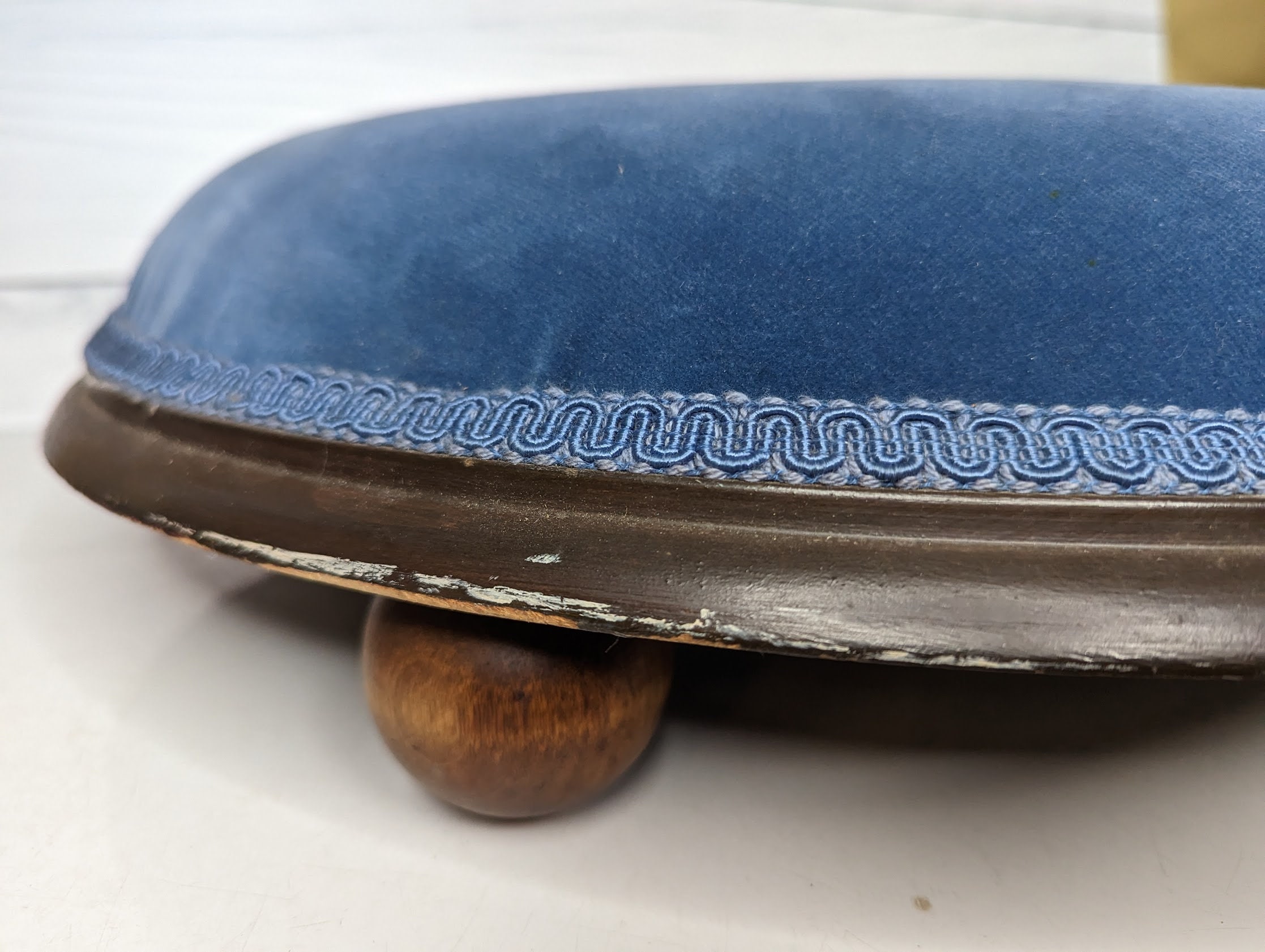 Vintage Blue Upholstered Velvet Footrest With Metal Flower Detail and ...