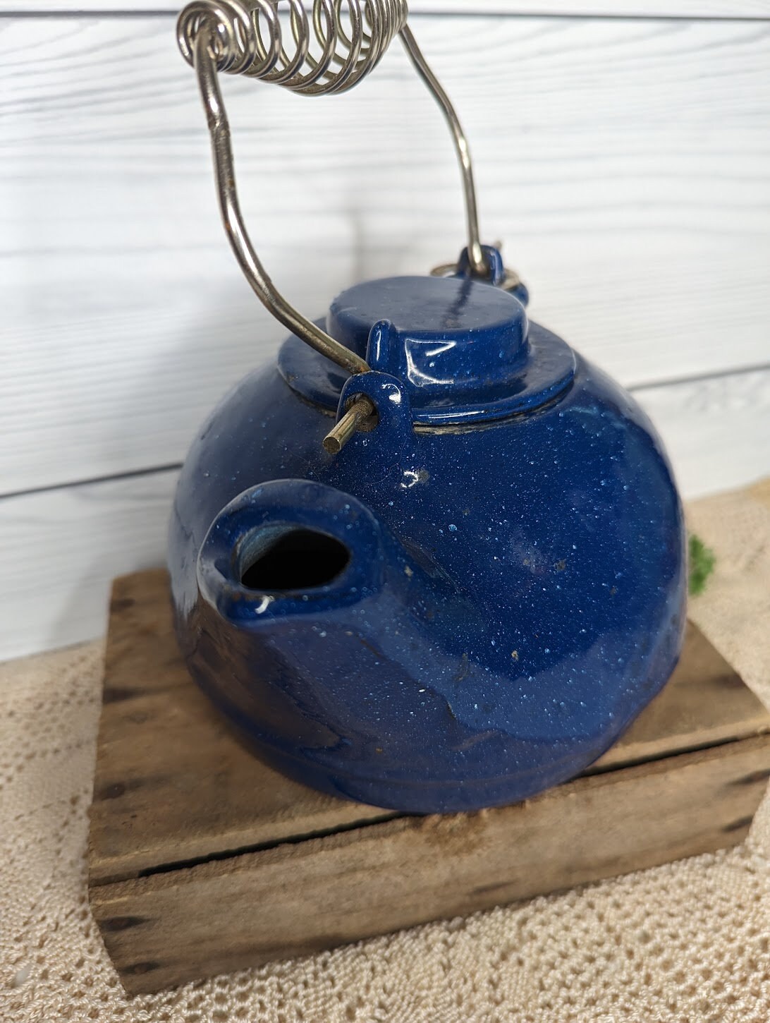 Vintage Blue Cast Iron Graniteware Look Kettle With Spiral Metal Handle ...