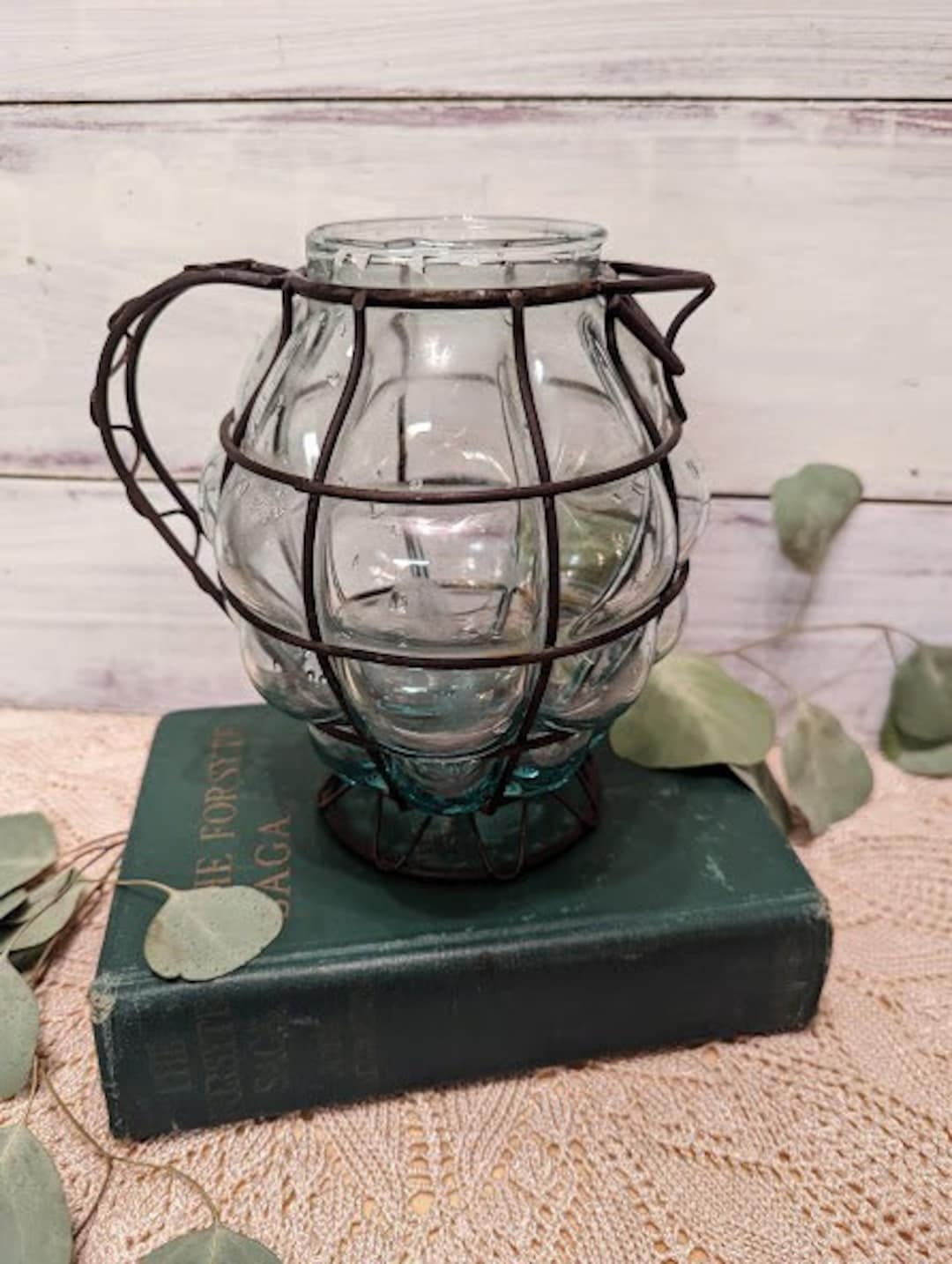 Antique Blown Glass and Metal Frame Pitcher Light Teal Farmhouse Decor ...