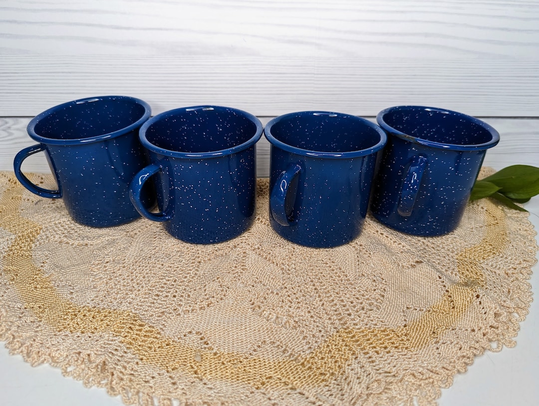 Blue Enamelware Mugs With White Speckles Set of 4 Camping Mugs - Etsy