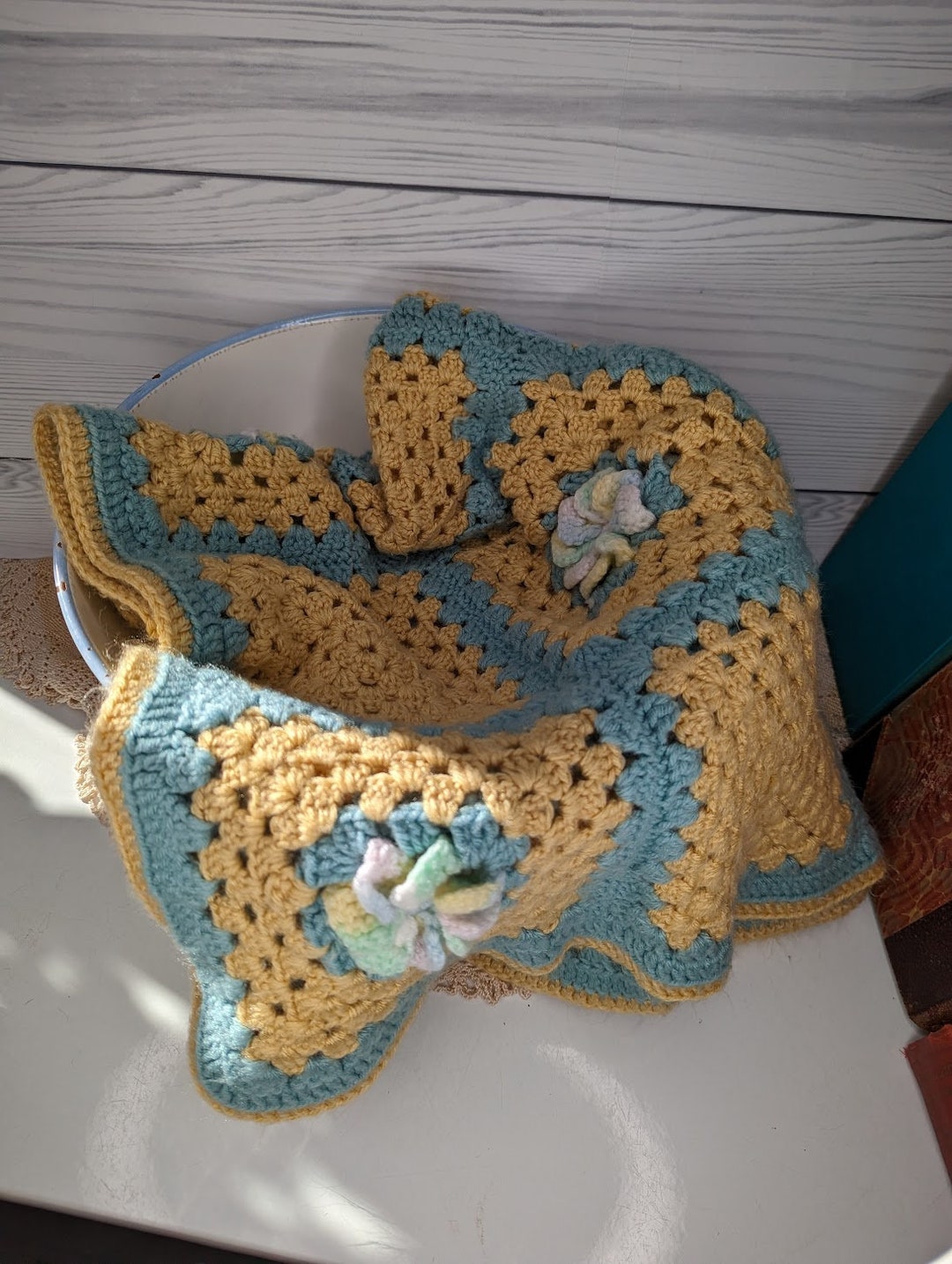 Vintage Afghan Periwinkle Blue and Gold With Multi Color Flower Detail ...
