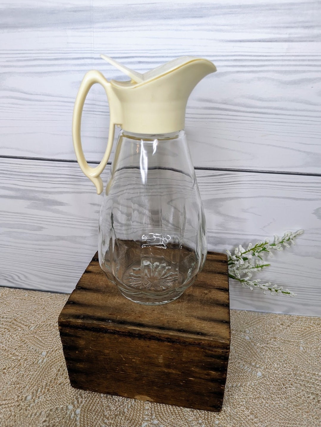 Vintage Beige and Clear Glass Syrup Pitcher - Etsy