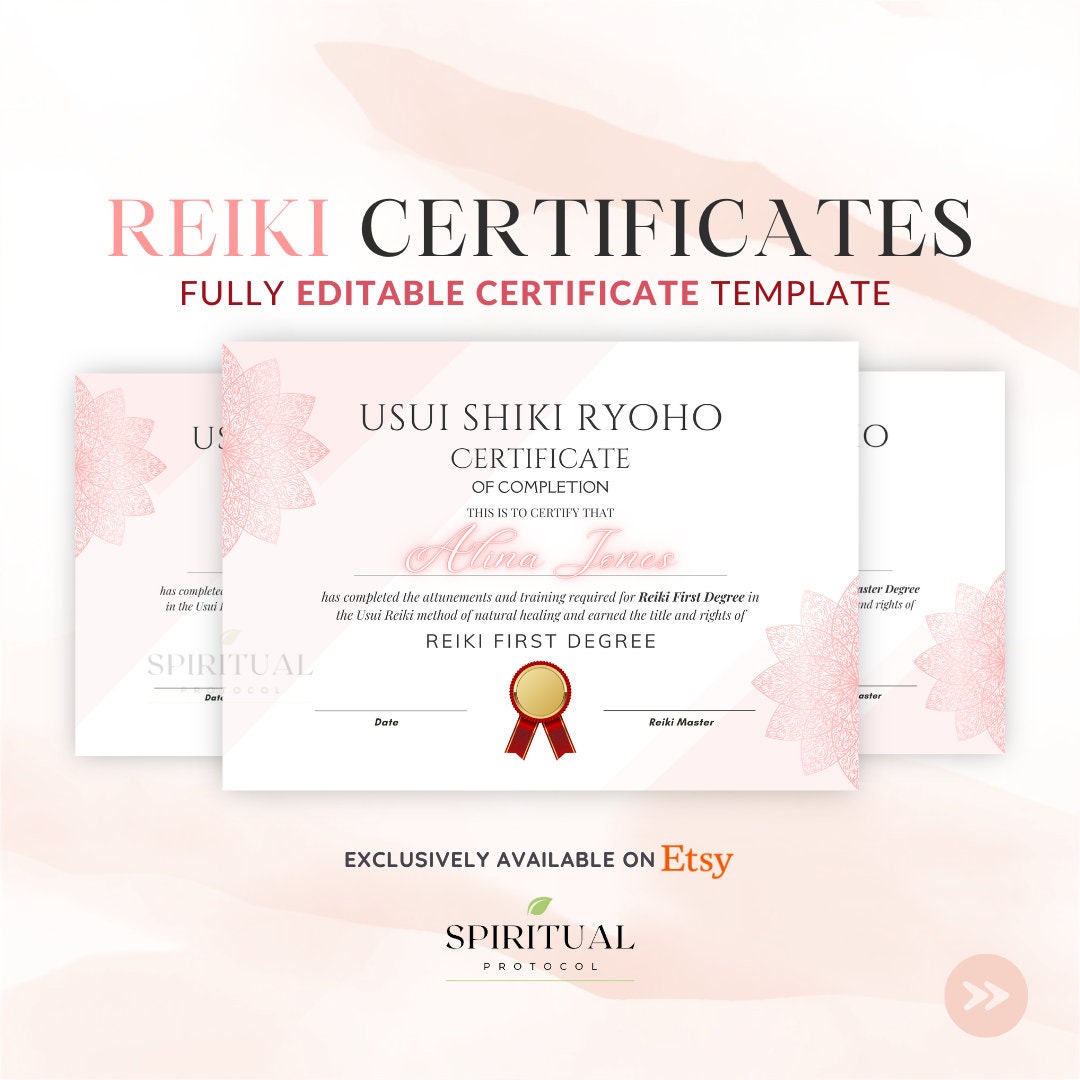 Reiki Certificate Template for Reiki Master/teacher/practitioner ...