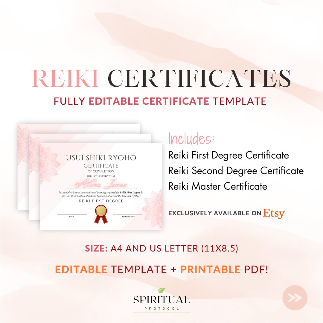 Reiki Certificate Template for Reiki Master/teacher/practitioner ...