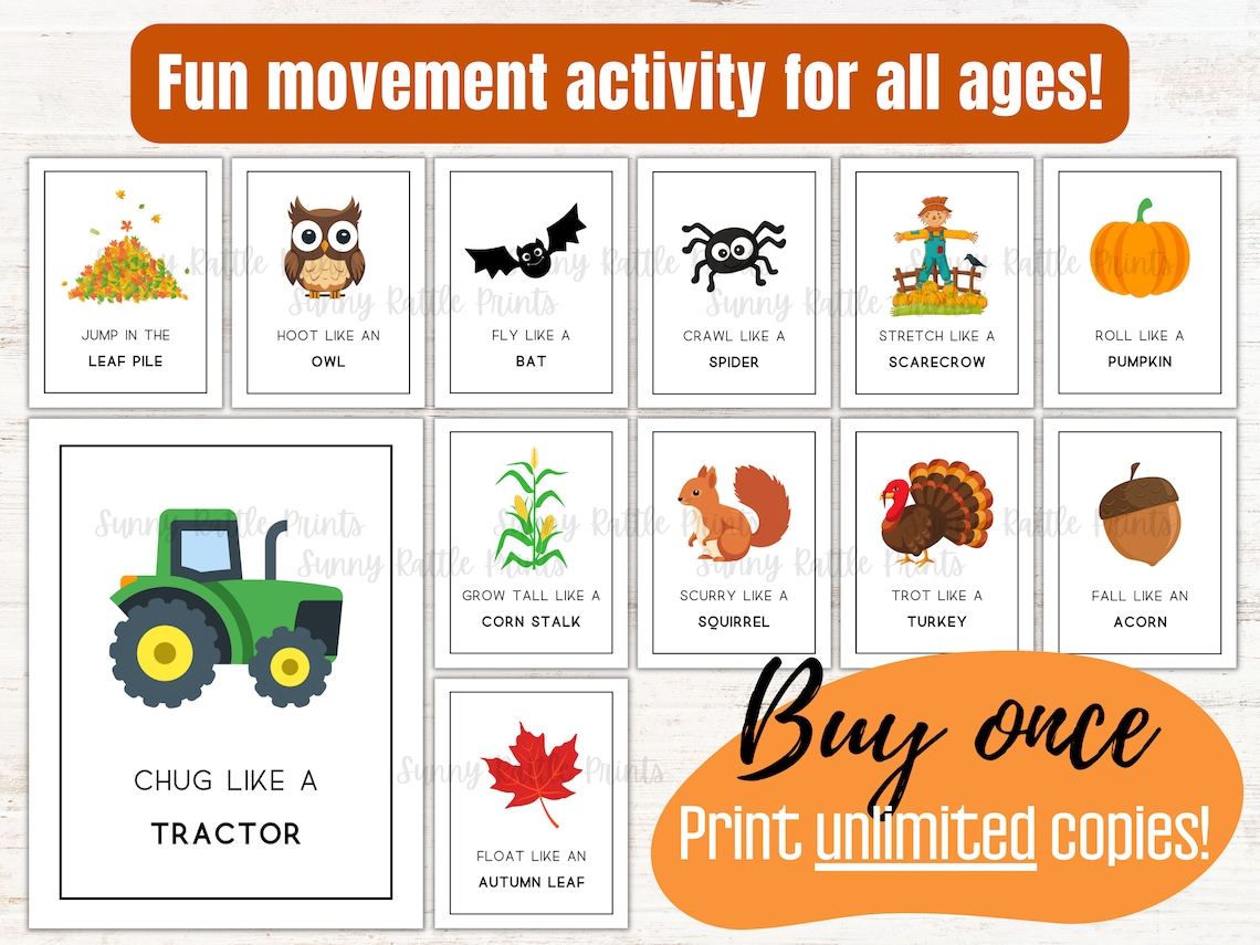 Fall Movement Cards & Dice | Printable Autumn Activity Flashcards for ...