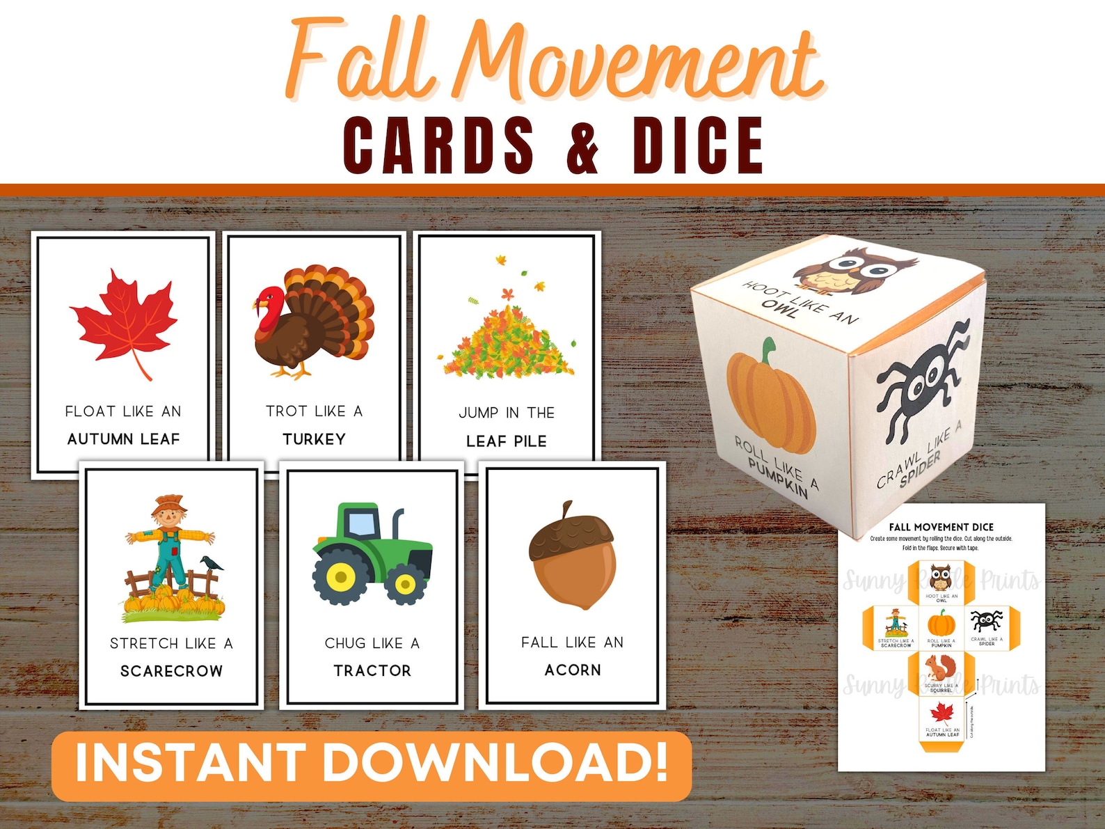 Fall Movement Cards & Dice | Printable Autumn Activity Flashcards for ...