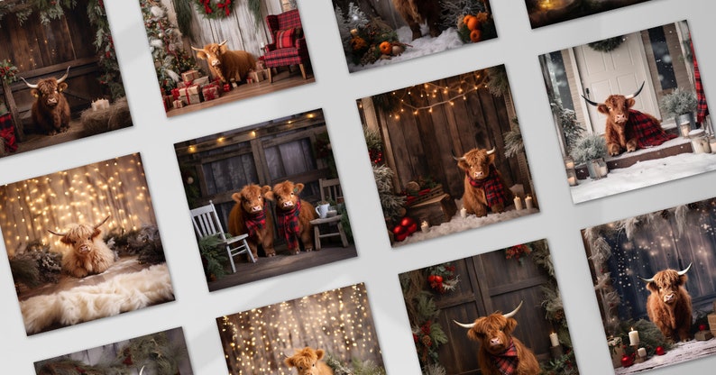 25 Highland Cows Christmas Digital Backgrounds - Farm, Barn, Lights ...
