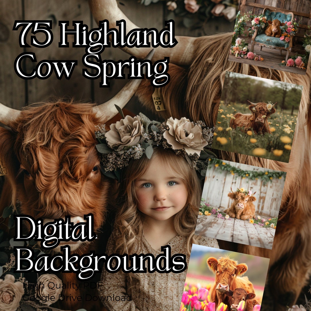 80 Spring Highland Cow Digital Backgrounds - Flower Fields, Boho, Tulip ...